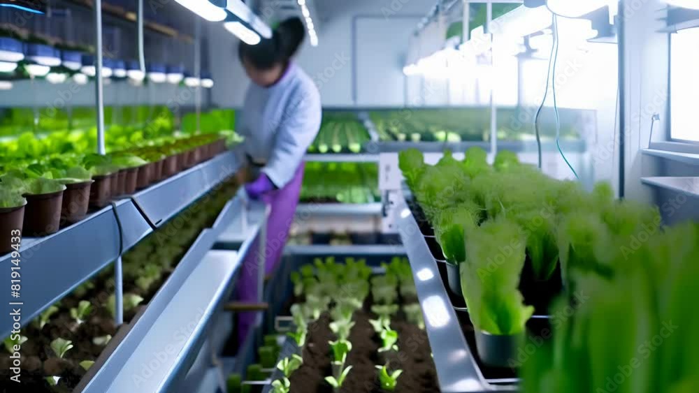 Vertical farm with rows of growing green plants. Concept: Modern ...