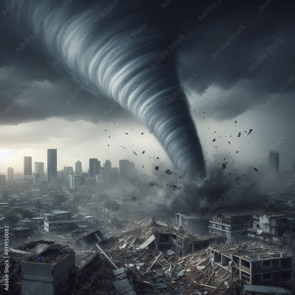 A hyper-realistic depiction of a massive tornado wreaking havoc in a ...