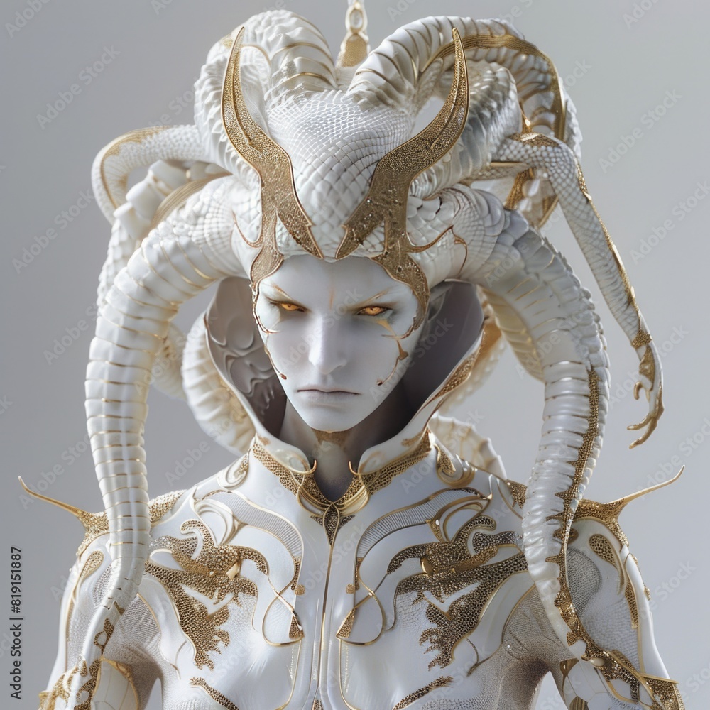 Medusa gorgon in ornated white armor with golden accents, snake ...