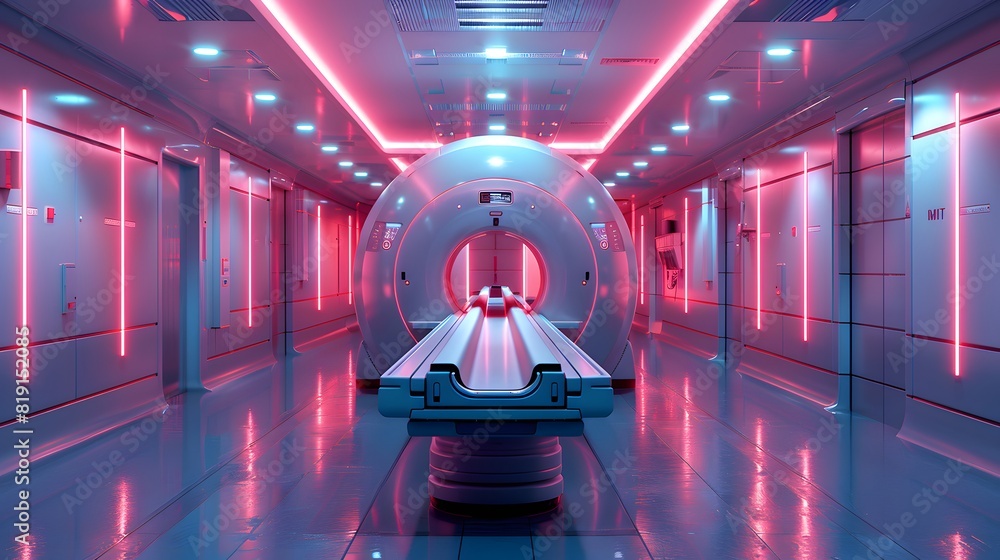 High-Tech MRI Scanner in a Modern Hospital Room with Neon Lights and ...