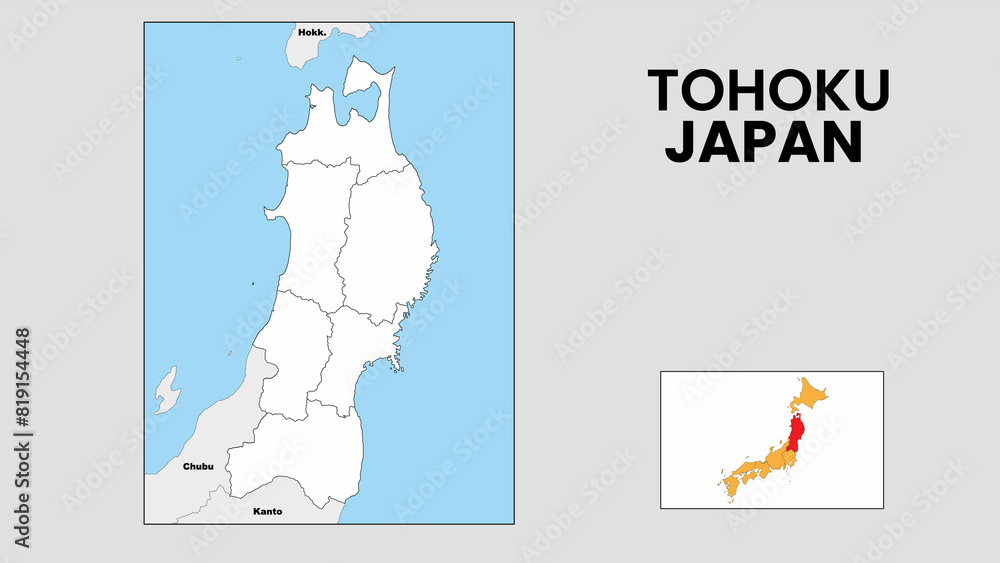 Tohoku Map. State and district map of Tohoku. Political map of Tohoku with outline and black and ...
