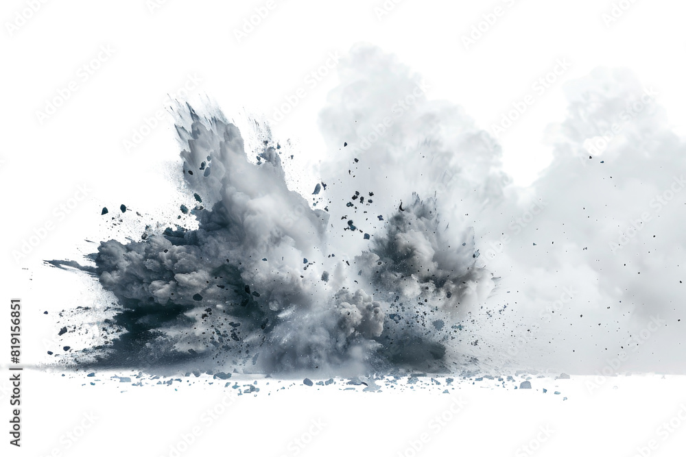 Dramatic explosion with billowing smoke and debris on a transparent ...