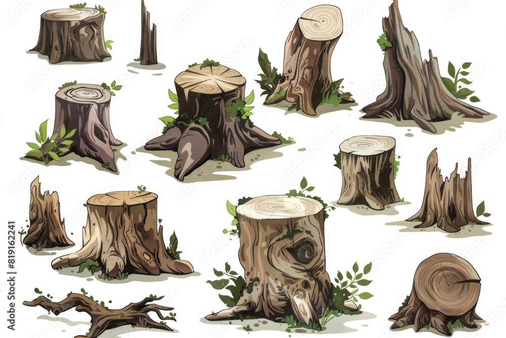 Cartoon tree stumps with leaves, suitable for nature-themed designs ...