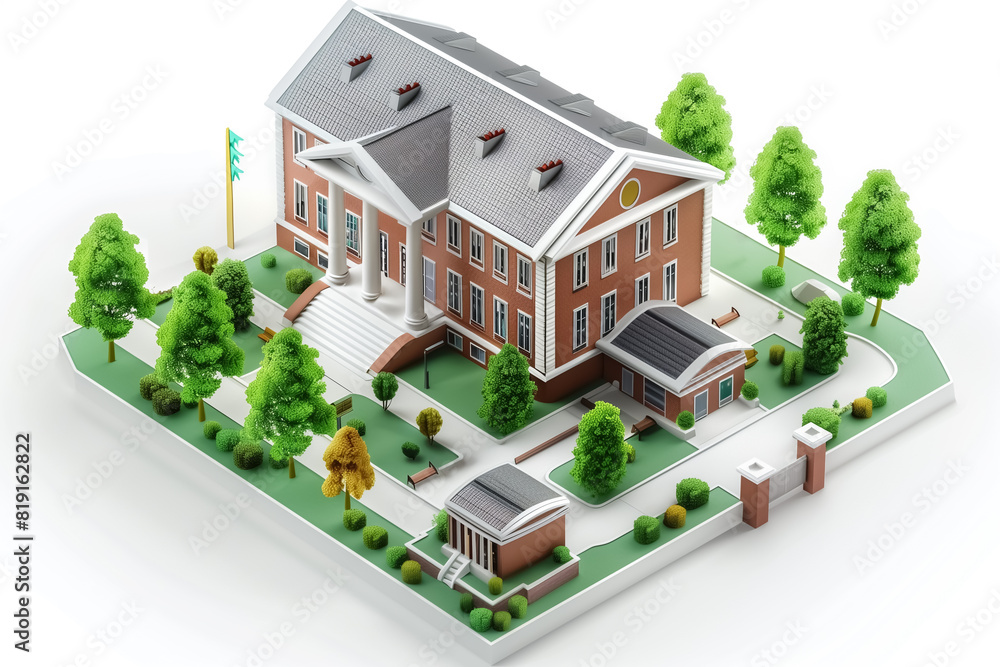 3D render modern school building with a brick exterior, surrounded by ...