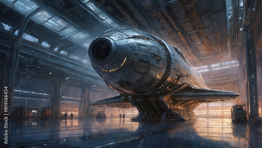 In the center of the hangar, a colossal starship gleams, its sleek ...