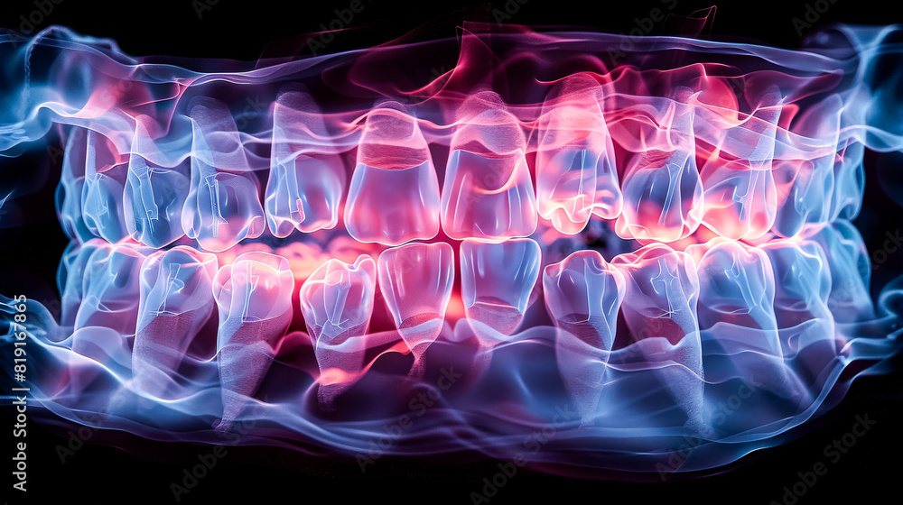 A close up of a mouth with teeth that are glowing red. The teeth are ...