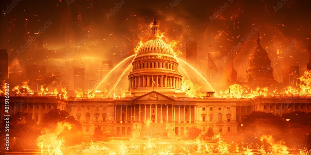 Fire at the US Capitol Building in the final days of the USA. Concept ...