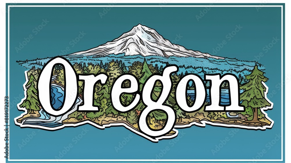 Illustrated Oregon Travel Poster Featuring Mount Hood, Evergreen Trees ...