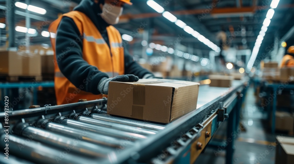 Conveyor belt perspective of a worker packing shipping boxes. Stock ...