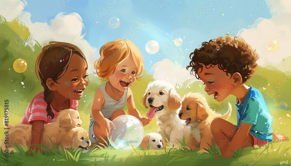 Happy Children Playing with Puppies - Spread joy with this image of ...
