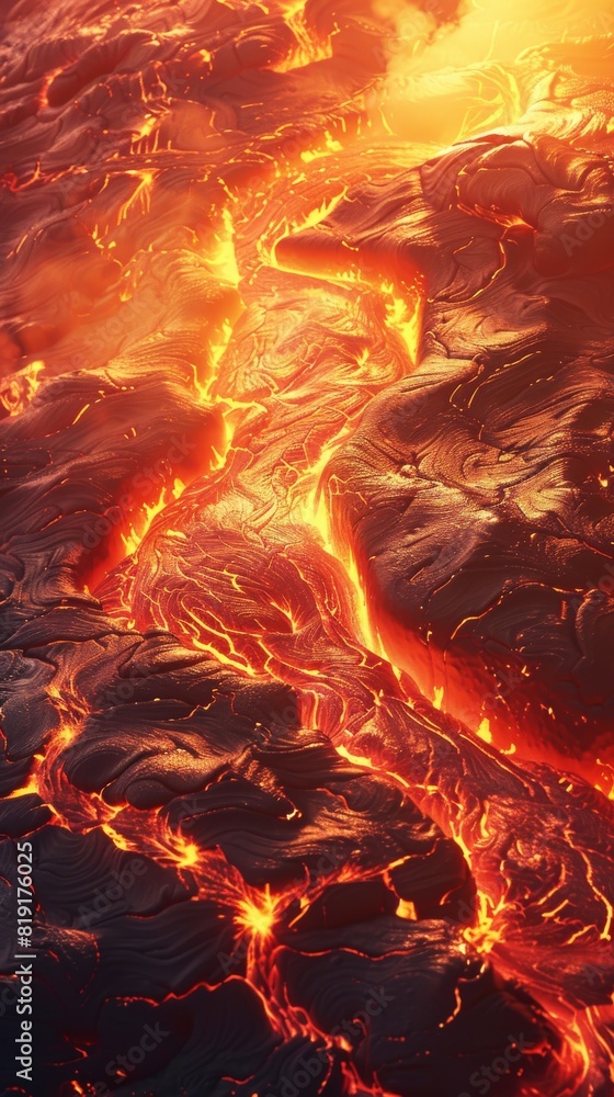 Aerial view showing the intense flow of lava moving across the ...