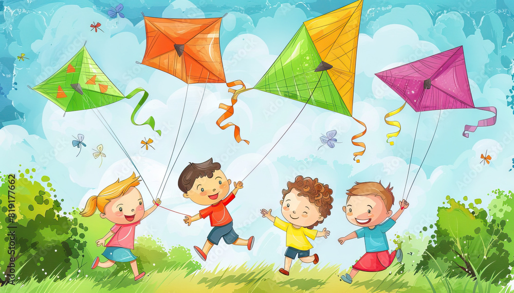 Happy Children Playing with Colorful Kites in the Park - Delight in the ...