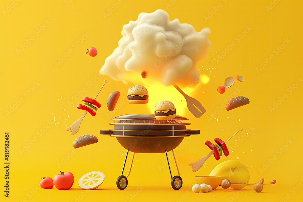 An animated 2D illustration of a person flipping burgers on a barbecue ...