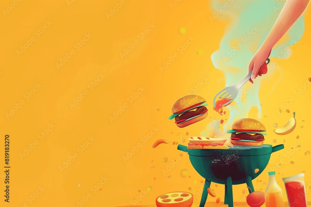 An animated 2D illustration of a person flipping burgers on a barbecue ...