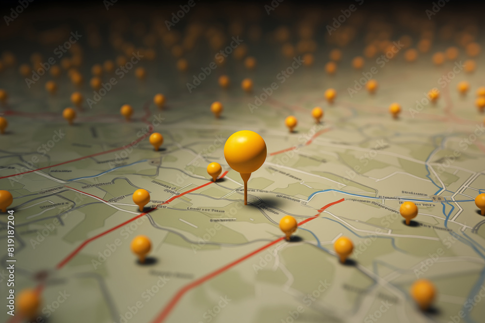 A detailed map featuring numerous yellow pin markers marking different ...