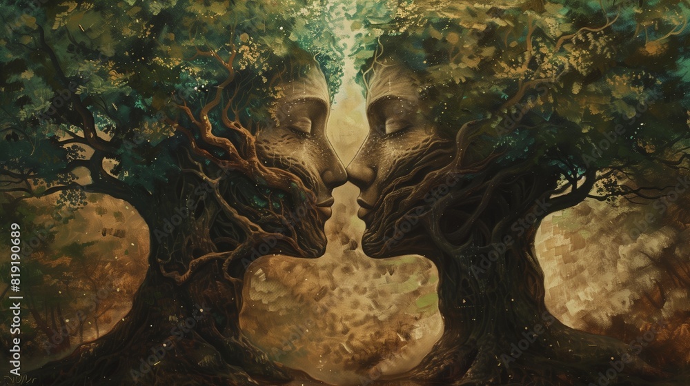 a beautifully detailed acrylic painting where two trees with human-like ...