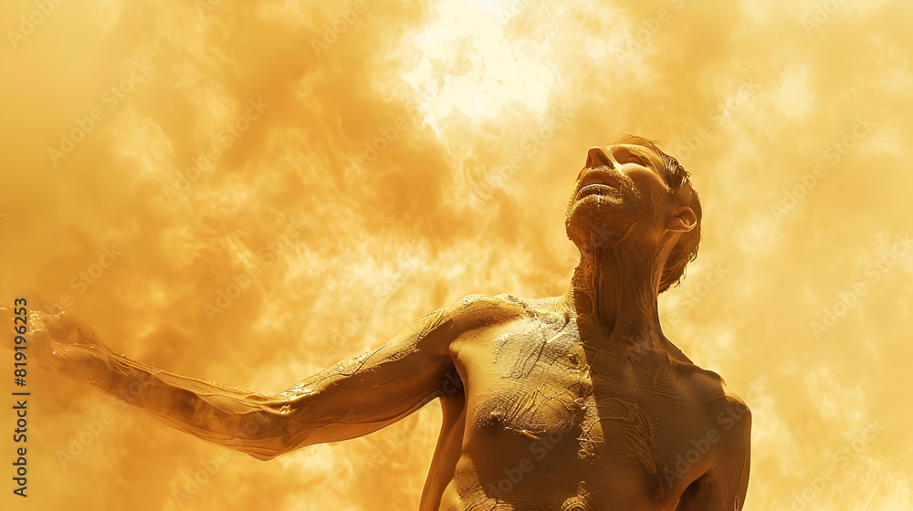 Ecstatic man celebrating his success with arms outstretched in front of ...