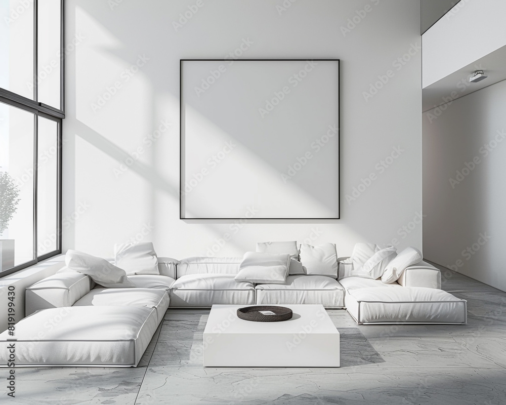 Minimalist interior with one large frame on a white wall, featuring a ...