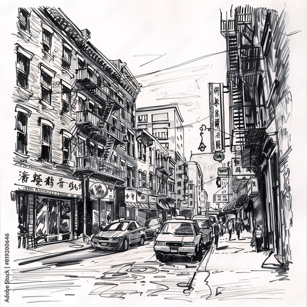 sketchy drawing depicting New York City life with cars and people on ...