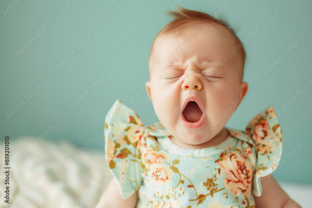 cute baby girl yawning wearing a floral dress on a pastel blue ...