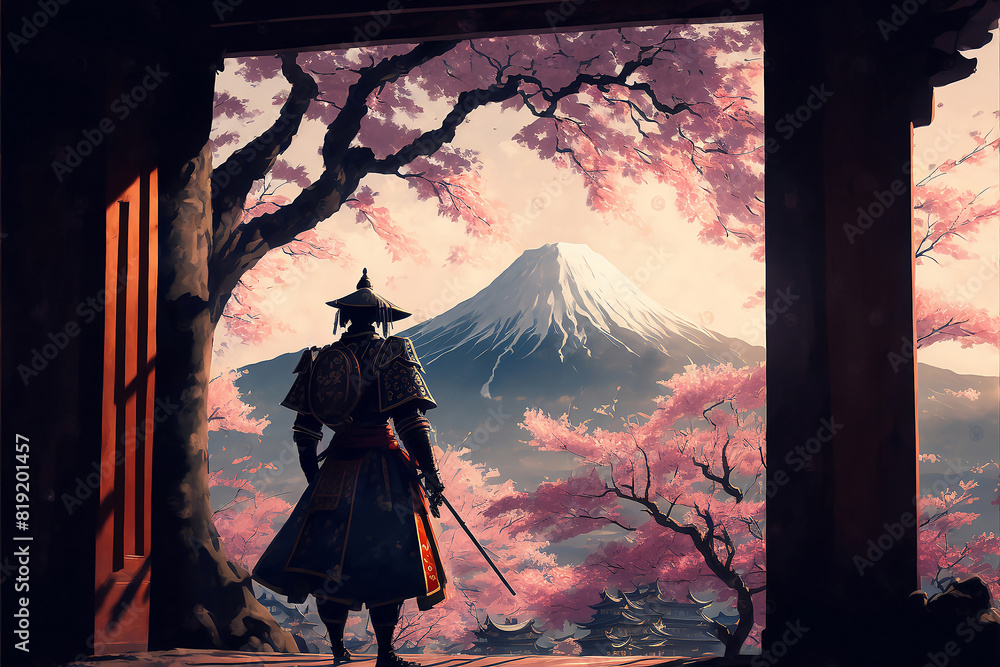 japanese samurai in samurai armor standing at a shrine gate looking at ...