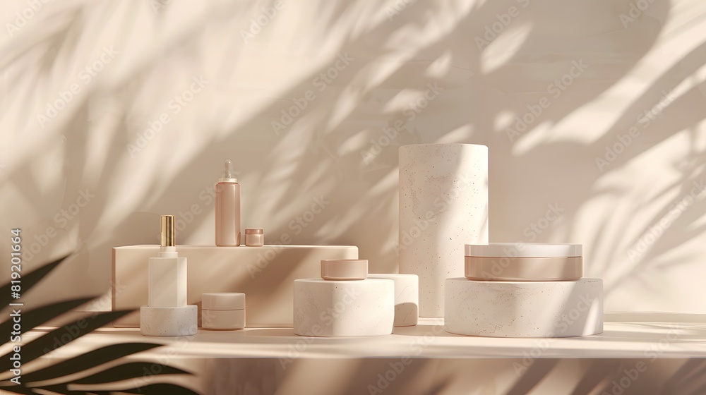 Isometric 3D render of a premium skincare product line arranged on a ...