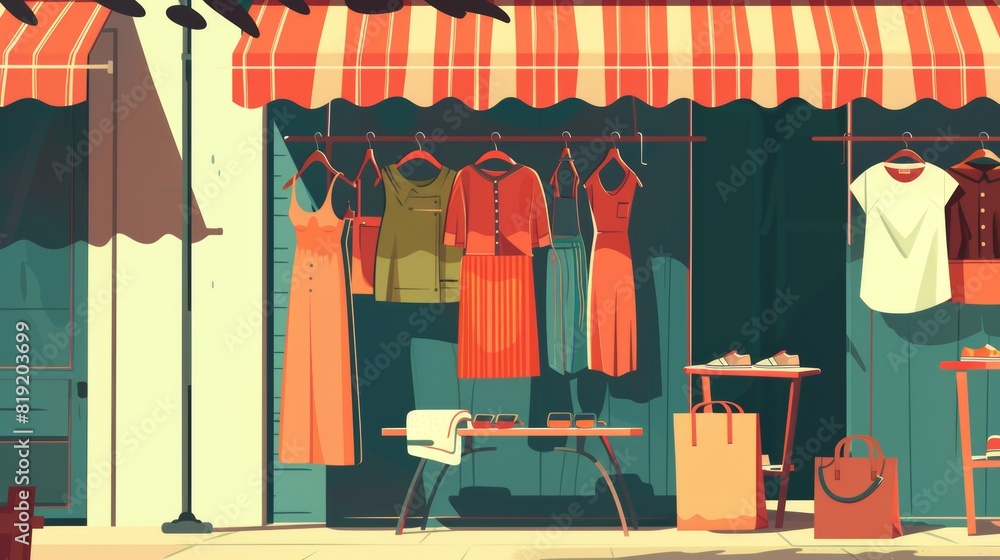 Vintage clothing market flat design side view retro style theme ...