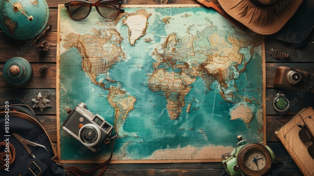 World map with travel icons flat design top view planning journey theme ...