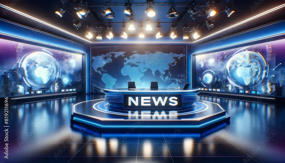 A futuristic news studio equipped with advanced technology and modern ...