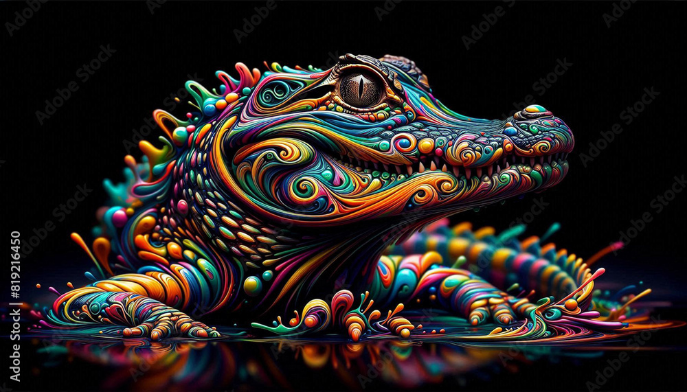 Abstract rainbow paint splatter crocodile jungle animal on a solid ...
