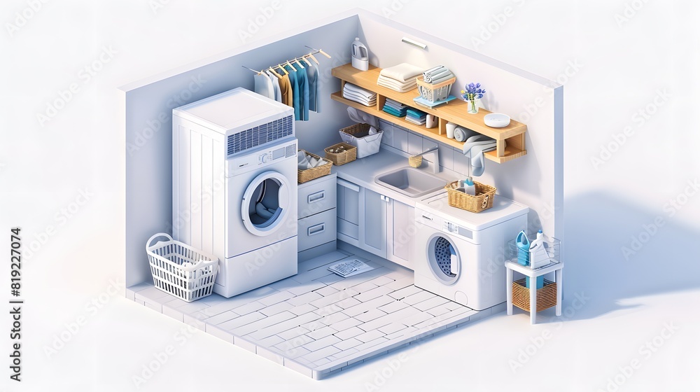 Isometric 3D render of a functional laundry room with a washer, dryer ...