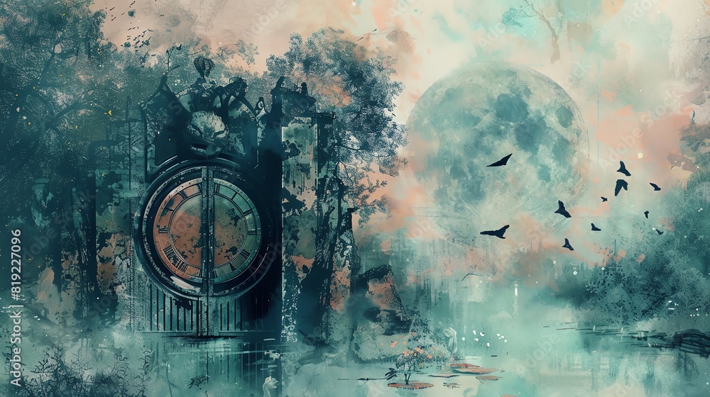 Surreal landscape with giant clock, misty trees, and oversized moon ...