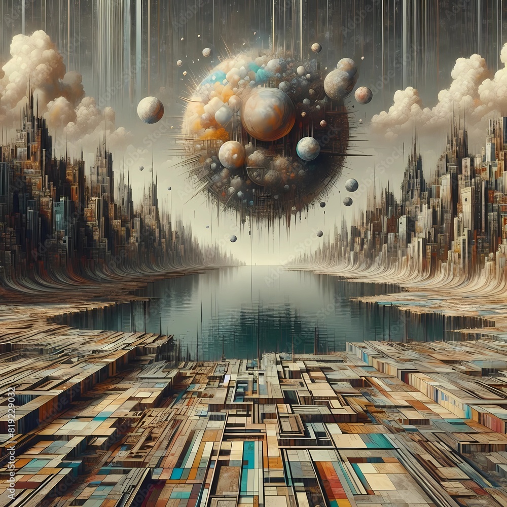 urban landscape with surrealism and abstract style,sea lake ...