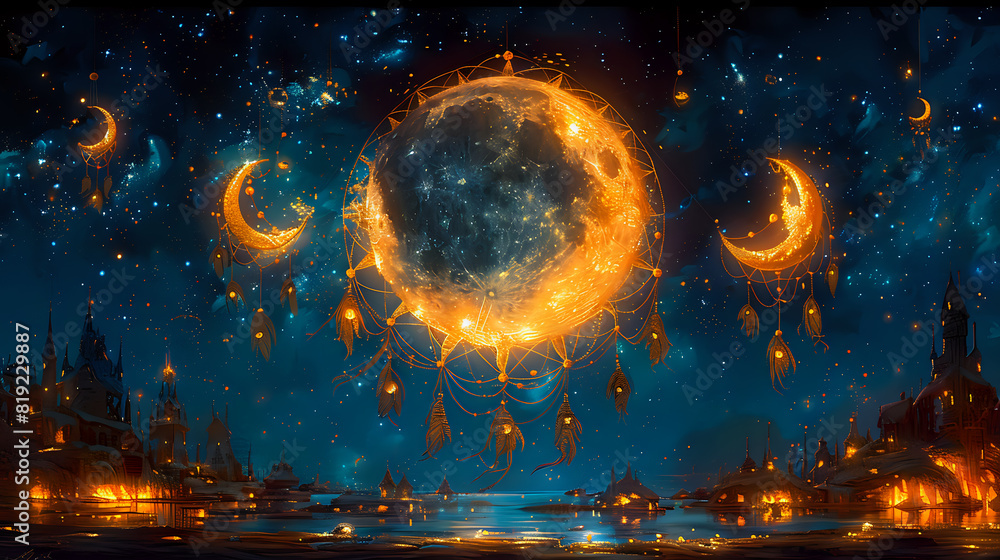 Fantasy Night Sky with Illuminated Moons and Stars. Fantasy scene of a ...