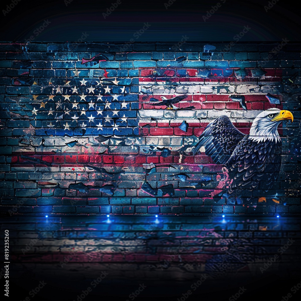 painted brick wall mural celebrating America. American flag, bald ...