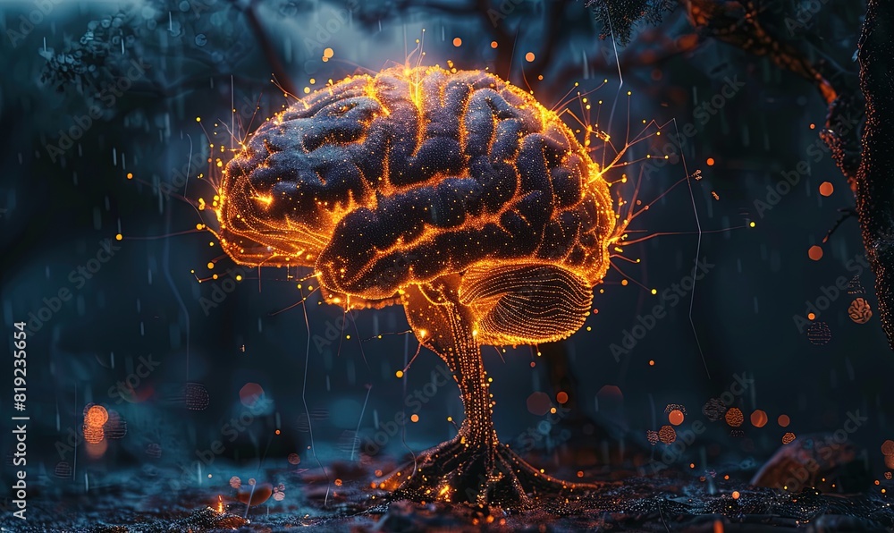 illustration of model of human brain tree with glowing impulses and ...