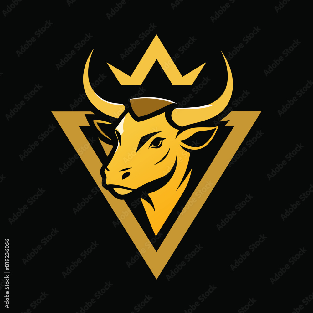 Golden Unique regal golden Bull, face front view, crown on head ...