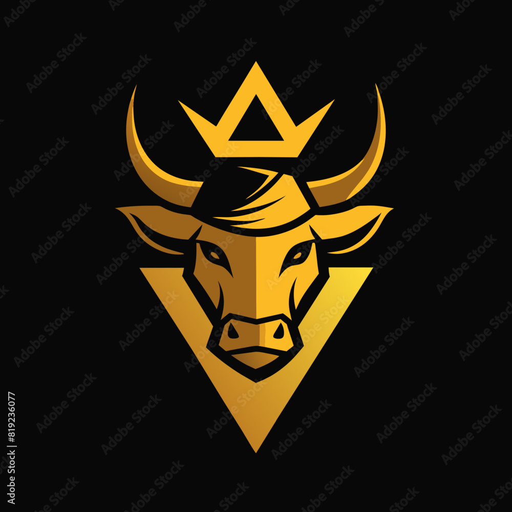 Golden Unique regal golden Bull, face front view, crown on head ...