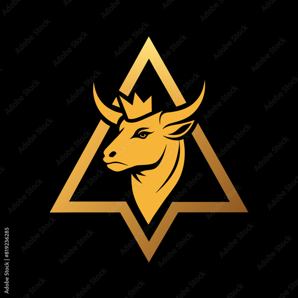 Golden Unique regal golden Bull, face front view, crown on head ...