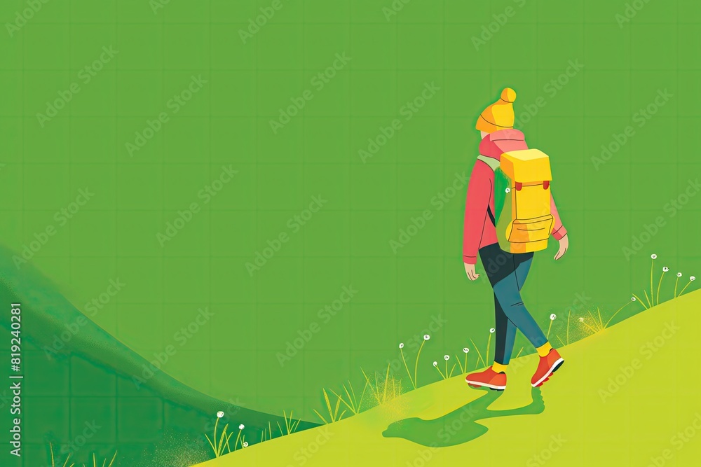 A colorful 2D cartoon illustration of a hiker with a backpack walking ...