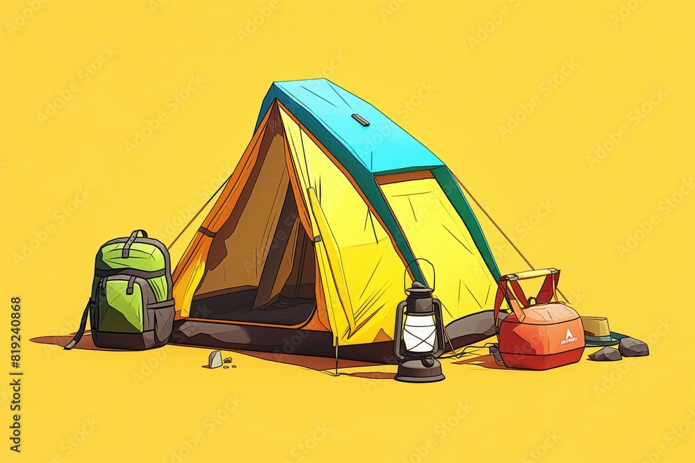 A vibrant 2D cartoon illustration of a camping scene with a tent ...