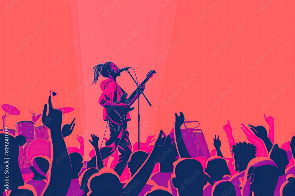 A colorful 2D cartoon scene of a musician performing on stage at a ...