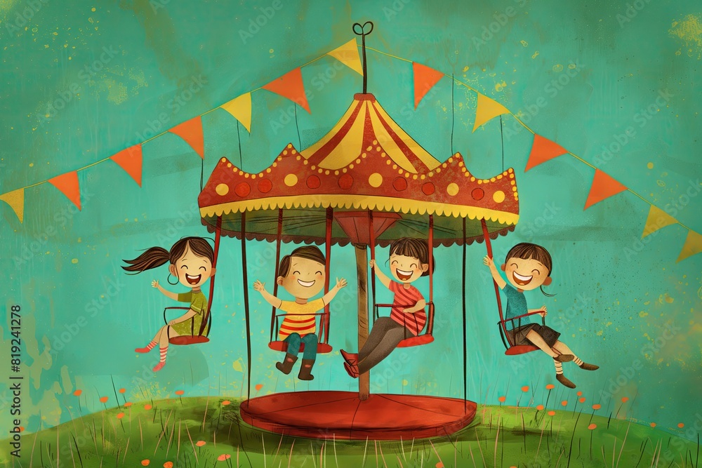 A cheerful 2D cartoon depiction of children riding a carousel at an ...