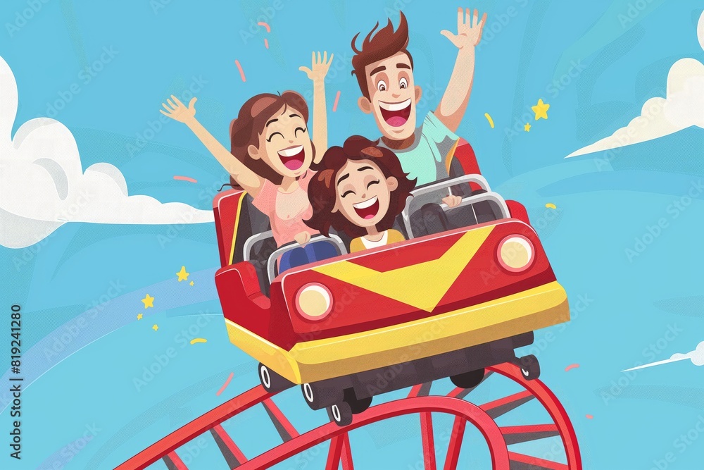 A lively 2D cartoon illustration of a family enjoying a roller coaster ...