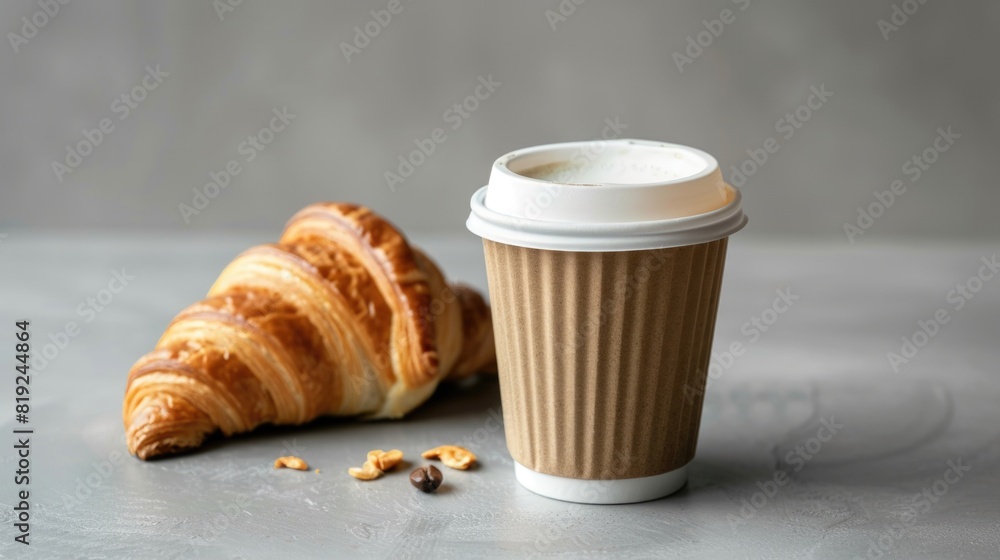 Morning cup of coffee and croissant for breakfast. Coffee to go, take ...