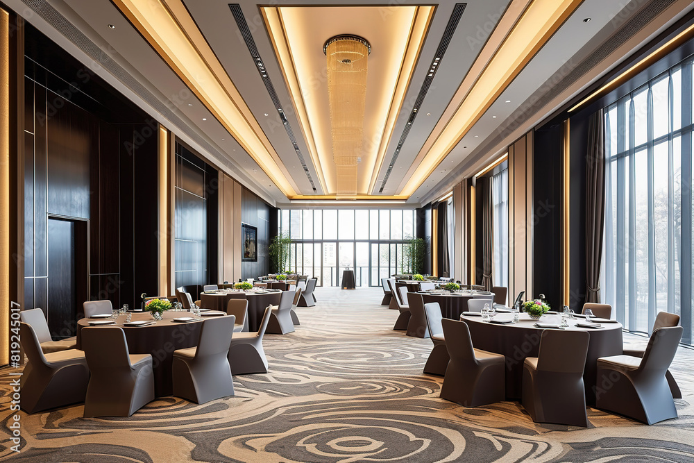 Elegant Conference Room with Round Tables and Modern Decor Stock Photo ...