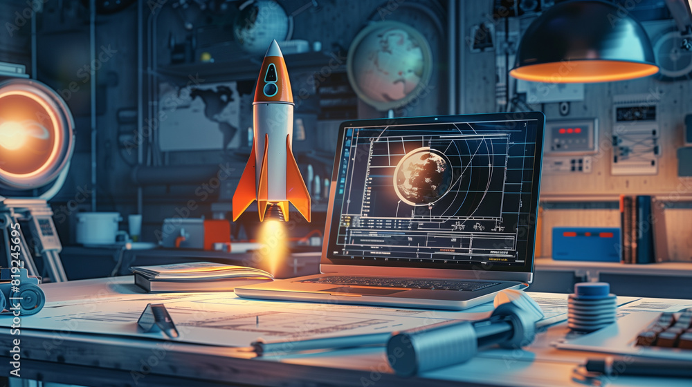 A rocket projects from the screen of a laptop placed on an industrial ...