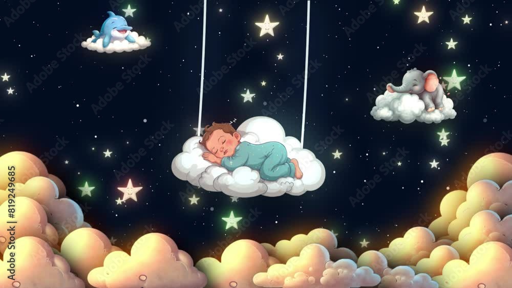 Beautiful Cute Baby Boy Sleeping On Clouds On Black Background And ...