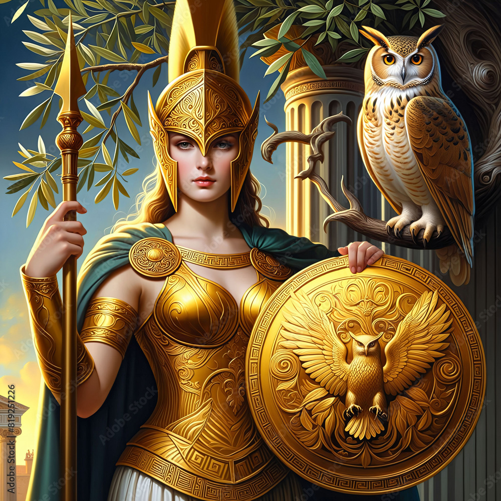 Athena, the Greek goddess of wisdom and war, in a golden helmet and armor, with spear and the ...