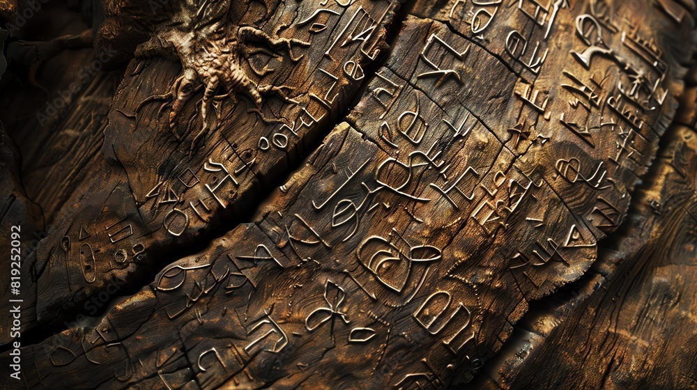 Mythological bark with carved symbols and ancient glyphs, invoking a ...